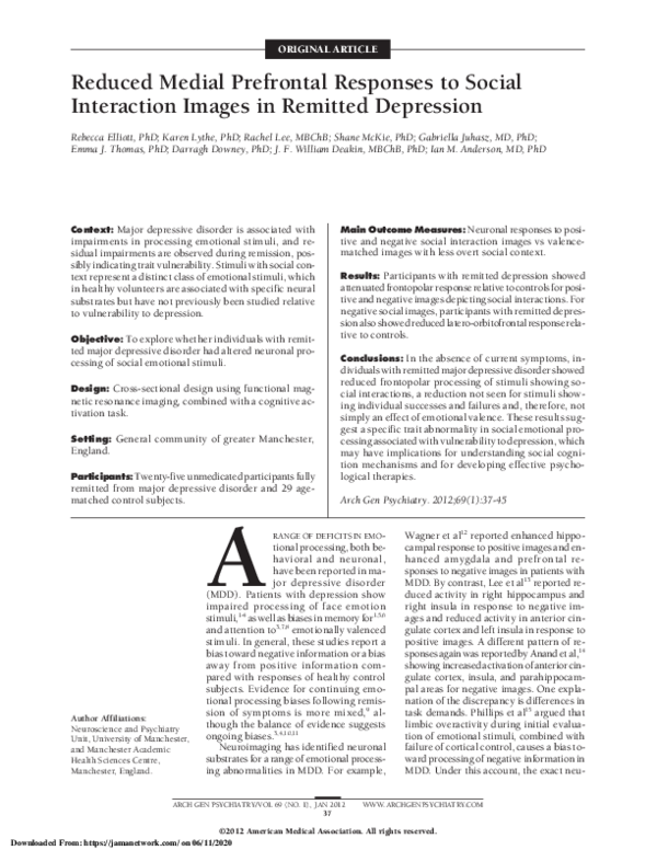 (PDF) Reduced Medial Prefrontal Responses to Social Interaction Images ...