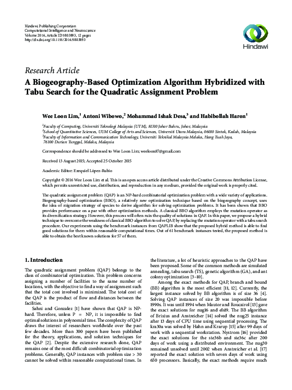 (PDF) A Biogeography-Based Optimization Algorithm Hybridized with Tabu Search for the Quadratic ...
