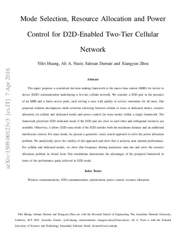 Pdf Mode Selection Resource Allocation And Power Control For D2d Enabled Two Tier Cellular
