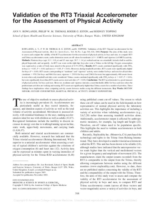 (PDF) Validation of the RT3 Triaxial Accelerometer for the Assessment of Physical Activity