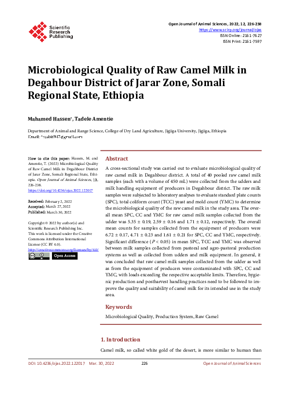 (PDF) Microbiological Quality of Raw Camel Milk in Degahbour District ...