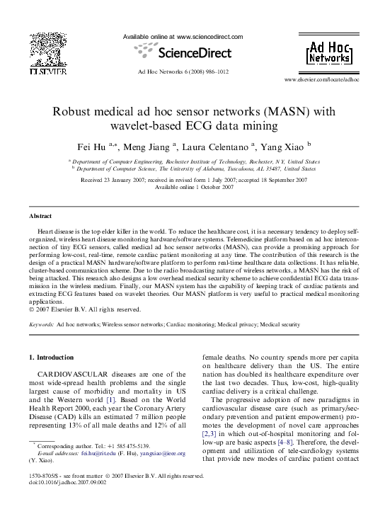 (PDF) Robust medical ad hoc sensor networks (MASN) with wavelet-based ECG data mining
