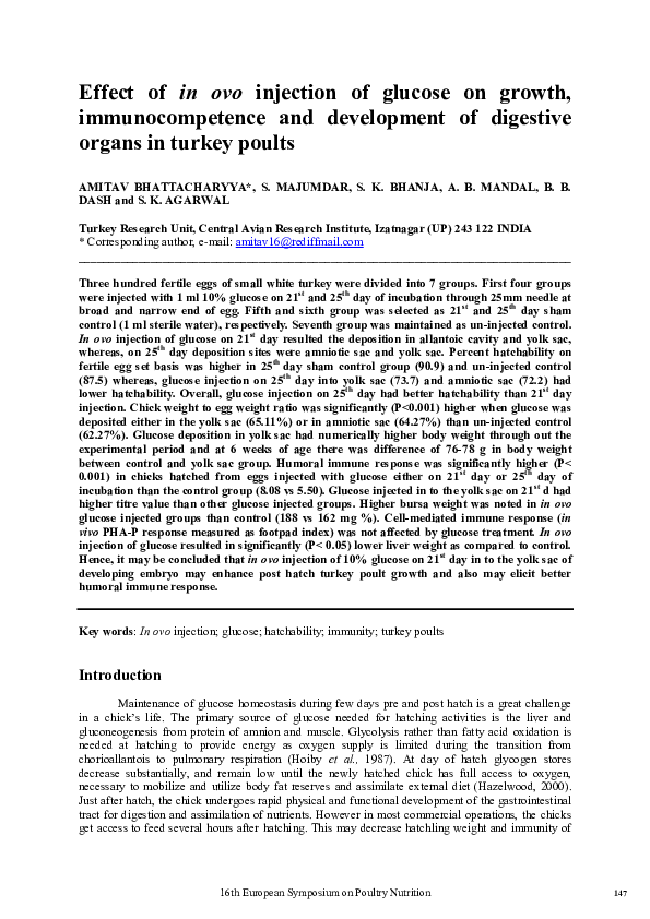 (PDF) Effect of in ovo injection of glucose on growth, immunocompetence ...