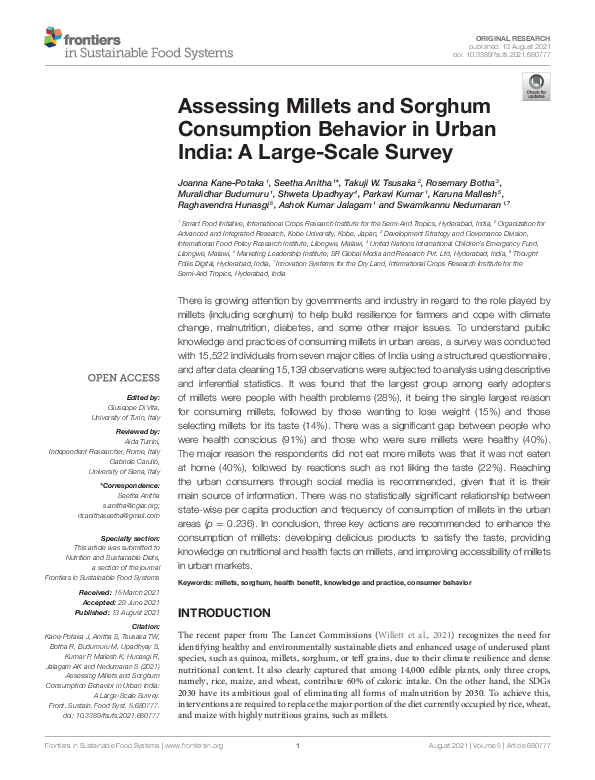 (PDF) Assessing Millets and Sorghum Consumption Behavior in Urban India ...