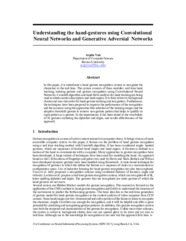 Pdf Understanding The Hand Gestures Using Convolutional Neural Networks And Generative