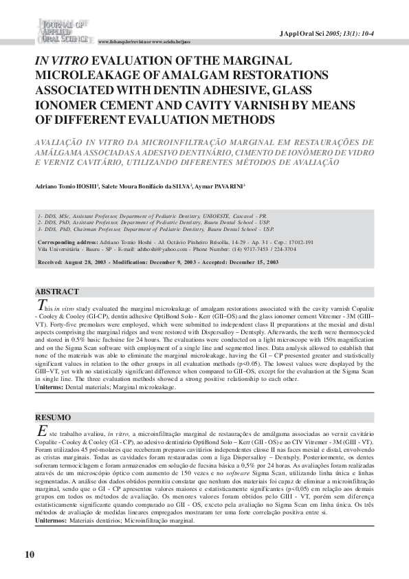 Pdf In Vitro Evaluation Of The Marginal Microleakage Of Amalgam Restorations Associated With