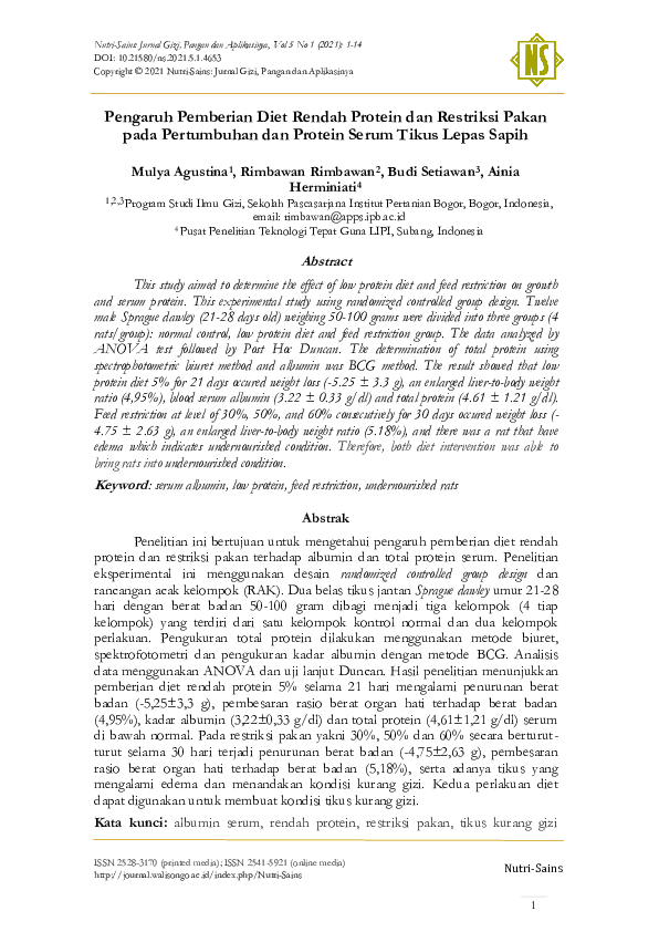 (PDF) Pengaruh Pemberian Diet Rendah Protein dan Restriksi Pakan pada ...