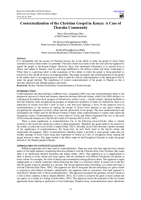 Pdf Contextualization Of The Christian Gospel In Kenya A Case Of Tharaka Community