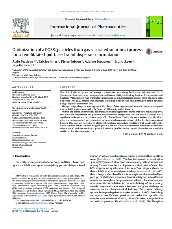 Pdf Optimization Of A Pgss Particles From Gas Saturated Solutions Process For A Fenofibrate