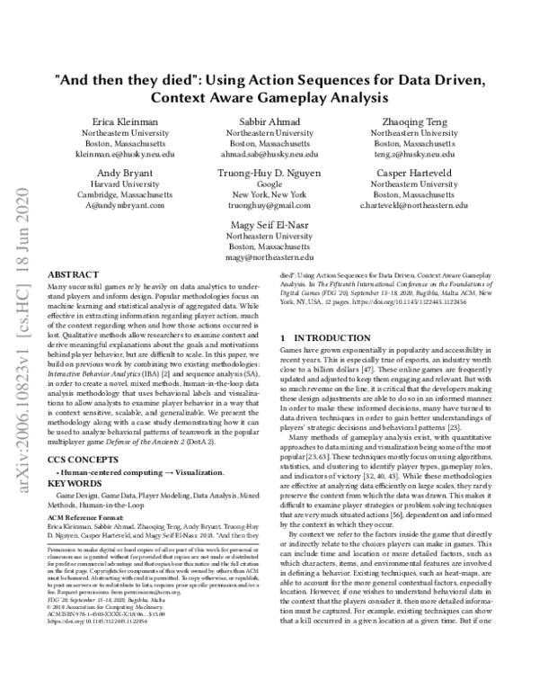 Pdf ”and Then They Died” Using Action Sequences For Data Driven Context Aware Gameplay Analysis
