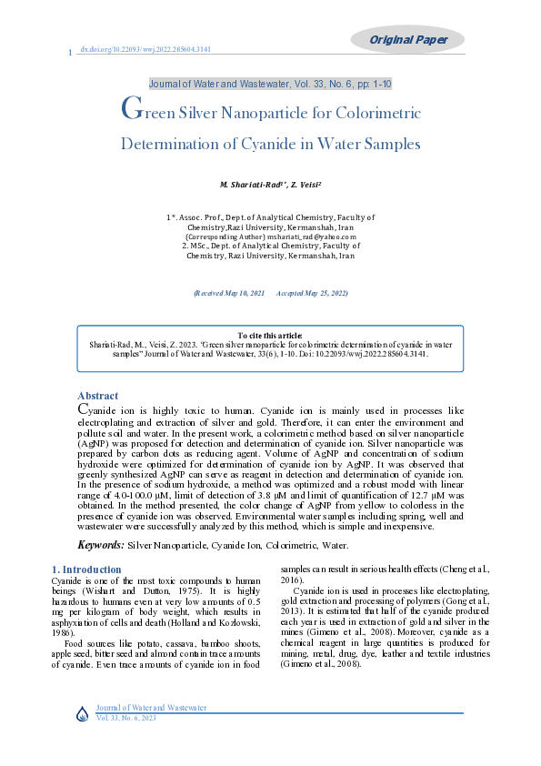 Pdf Green Silver Nanoparticle For Colorimetric Determination Of Cyanide In Water Samples