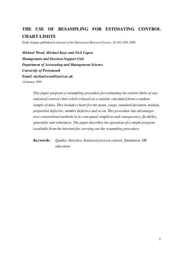 (PDF) THE USE OF RESAMPLING FOR ESTIMATING CONTROL CHART LIMITS