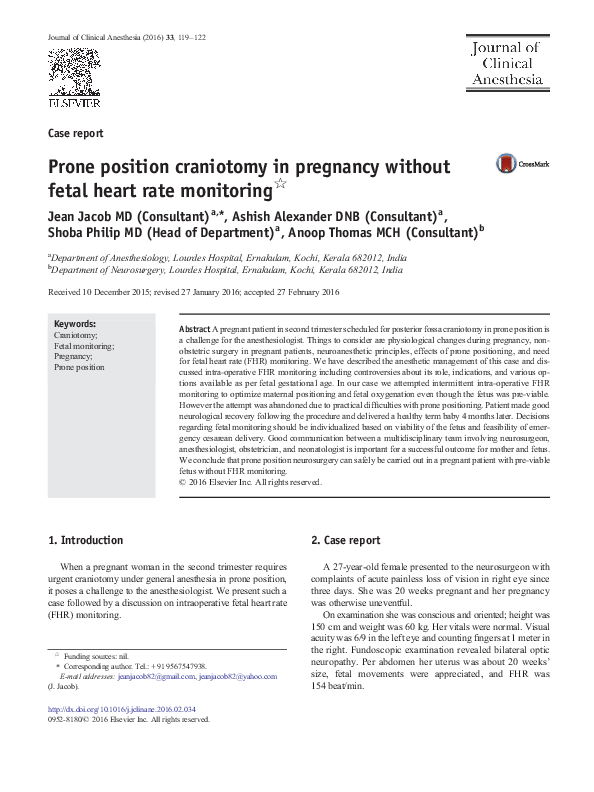 (PDF) Prone position craniotomy in pregnancy without fetal heart rate ...