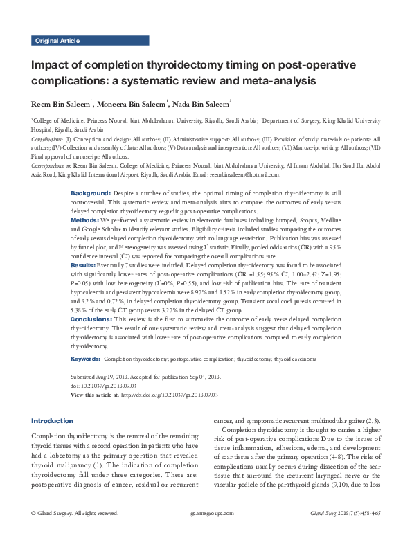 (PDF) Impact of completion thyroidectomy timing on post-operative complications: a systematic ...