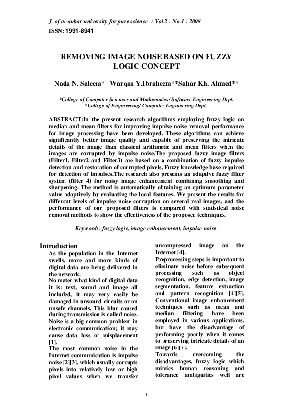 (PDF) Removing Image Noise Based on Fuzzy Logic Concept
