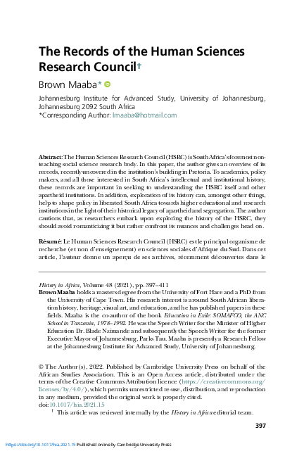 (PDF) The Records of the Human Sciences Research Council