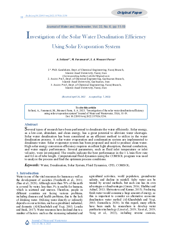 (PDF) Investigation of the Solar Water Desalination Efficiency Using ...