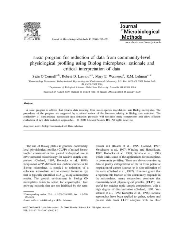 Pdf Basic Program For Reduction Of Data From Community Level Physiological Profiling Using