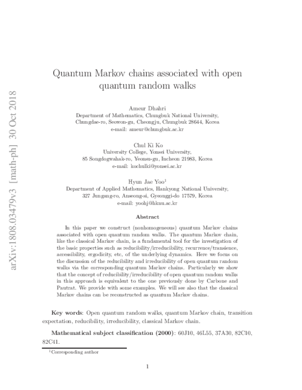 (PDF) Quantum Markov Chains Associated with Open Quantum Random Walks