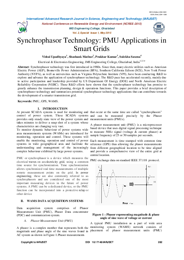 Pdf Synchrophasor Technology Pmu Applications In Smart Grids
