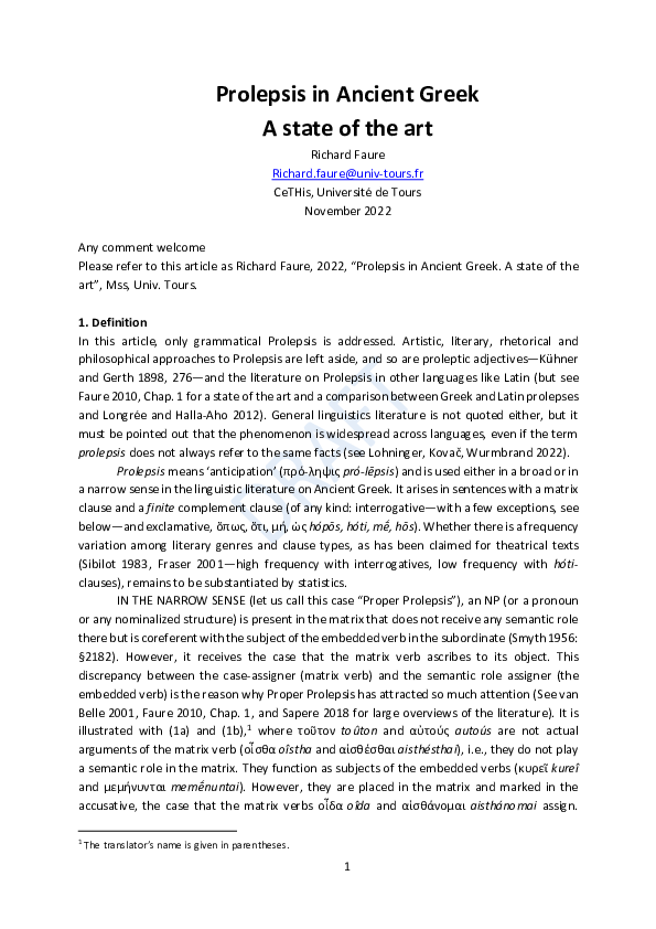 (PDF) Prolepsis in Ancient Greek A state of the art