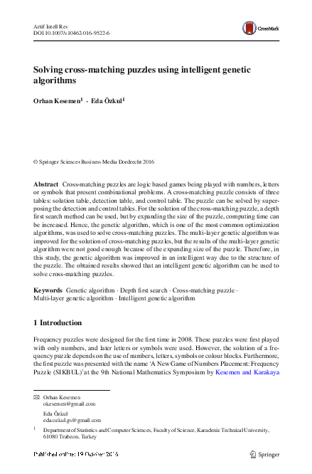 (PDF) Solving cross-matching puzzles using intelligent genetic algorithms | Orhan Kesemen ...