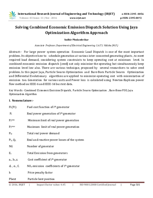 Pdf Solving Combined Economic Emission Dispatch Solution Using Jaya Optimization Algorithm 