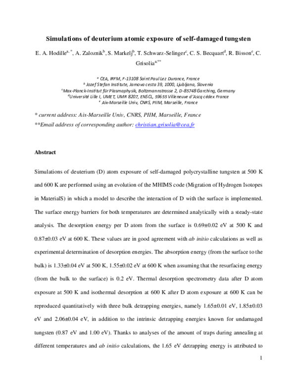 (PDF) Simulations of atomic deuterium exposure in self-damaged tungsten