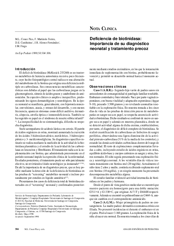 (PDF) Deficiencia de biotinidasa: importancia de su diagnóstico neonatal y tratamiento precoz