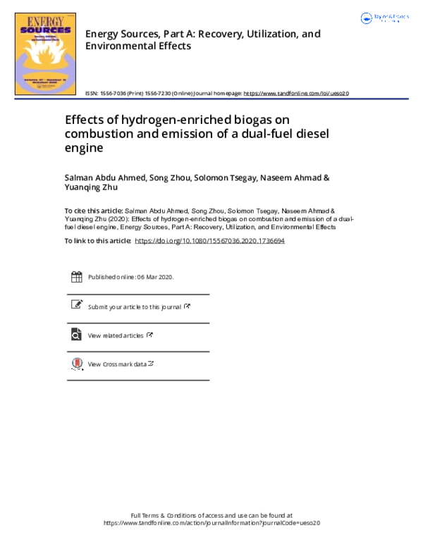 (PDF) Effects of hydrogen-enriched biogas on combustion and emission of a dual-fuel diesel engine