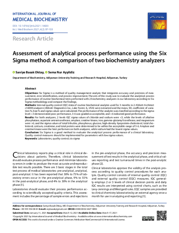 Pdf Assessment Of Analytical Process Performance By Using Six Sigma Method Comparison Of Two