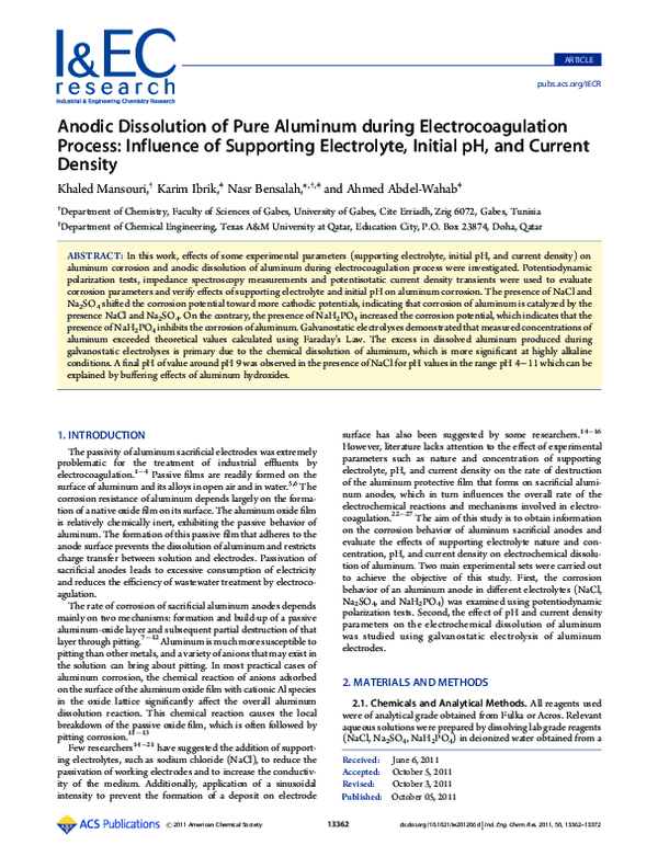 (PDF) Anodic Dissolution of Pure Aluminum during Electrocoagulation ...