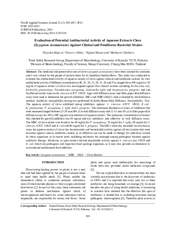 (PDF) Evaluation of Potential Antibacterial Activity of Aqueous Extracts of Clove (Syzygium ...