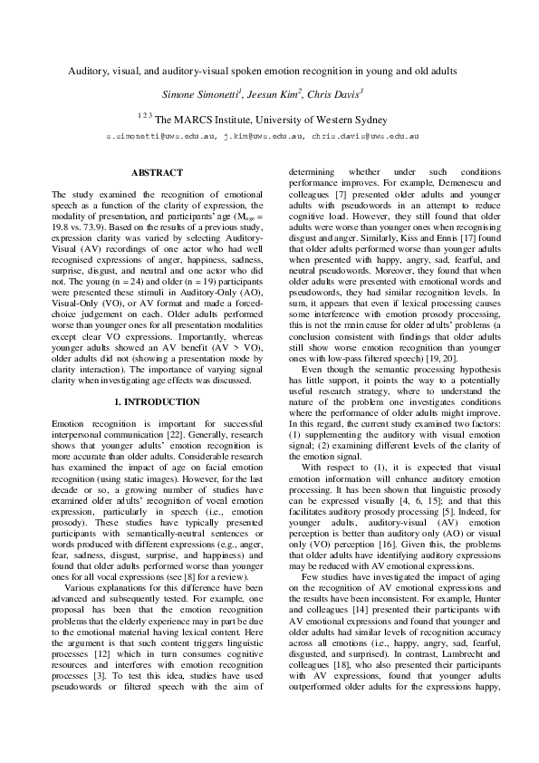 (PDF) Auditory, visual, and auditory-visual spoken emotion recognition in young and old adults