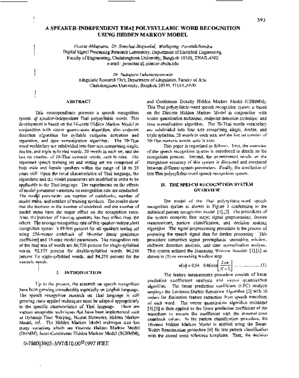 (PDF) A speaker-independent Thai polysyllabic word recognition using hidden Markov model