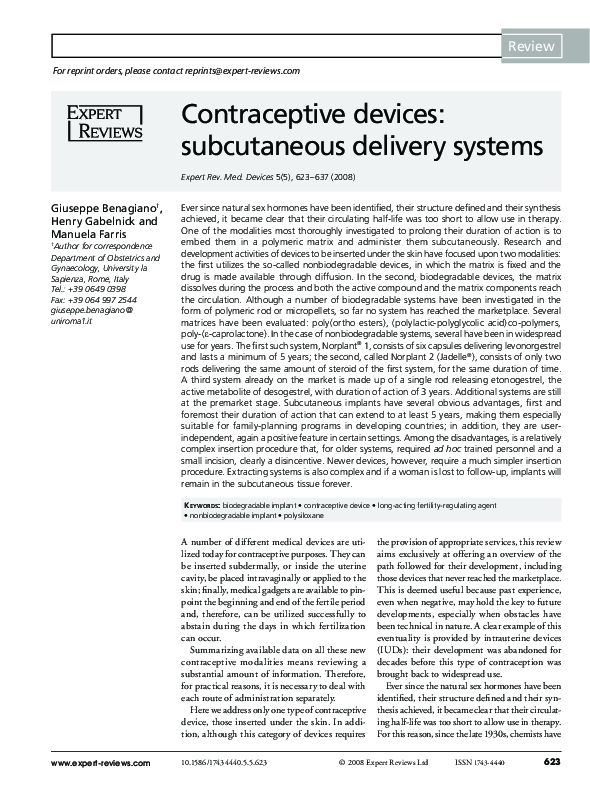 (PDF) Contraceptive devices: subcutaneous delivery systems