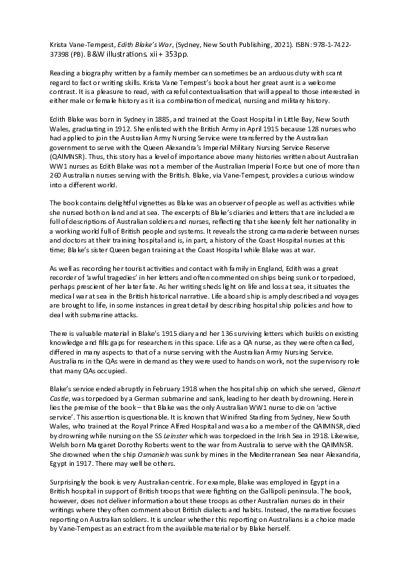 (DOC) Edith Blake’s War: The Only Australian Nurse Killed in Action ...