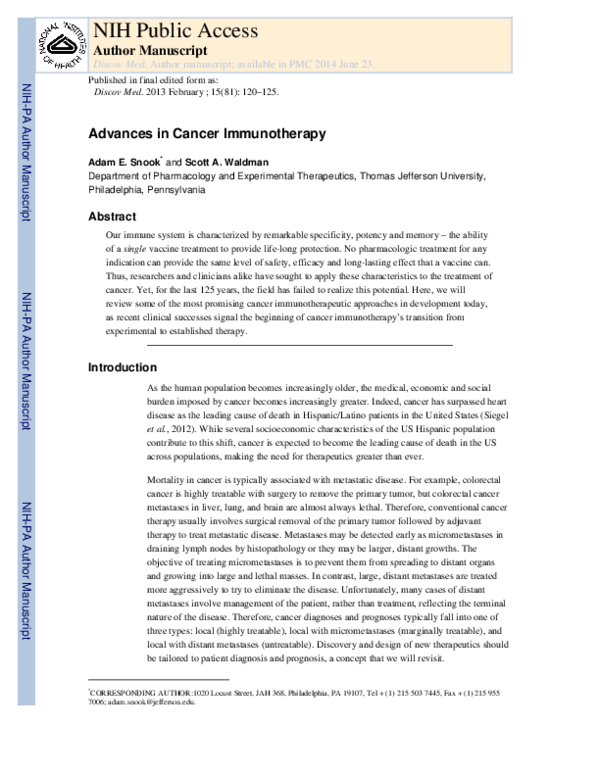 Pdf Advances In Cancer Immunotherapy