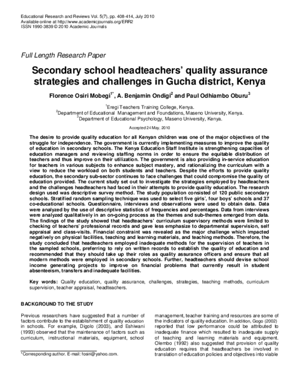 (PDF) Secondary school headteachers quality assurance strategies and ...