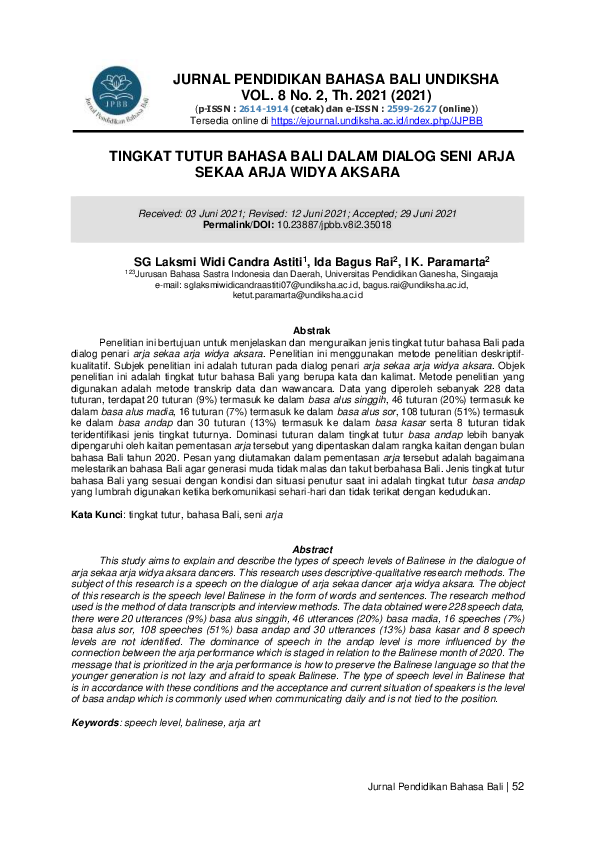(PDF) Tingkat Tutur Bahasa Bali Dalam Dialog Seni Arja Sekaa Arja Widya ...