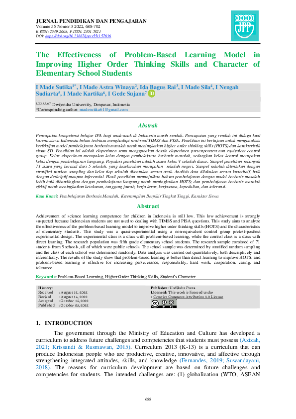 (PDF) The Effectiveness of Problem-Based Learning Model in Improving Higher Order Thinking ...