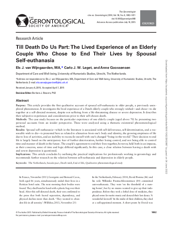Pdf Till Death Do Us Part The Lived Experience Of An Elderly Couple Who Chose To End Their
