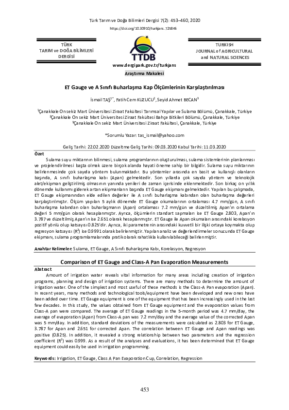 (PDF) ET Gauge ve A Sınıfı Buharlaşma Kap Ölçümlerinin Karşılaştırılması