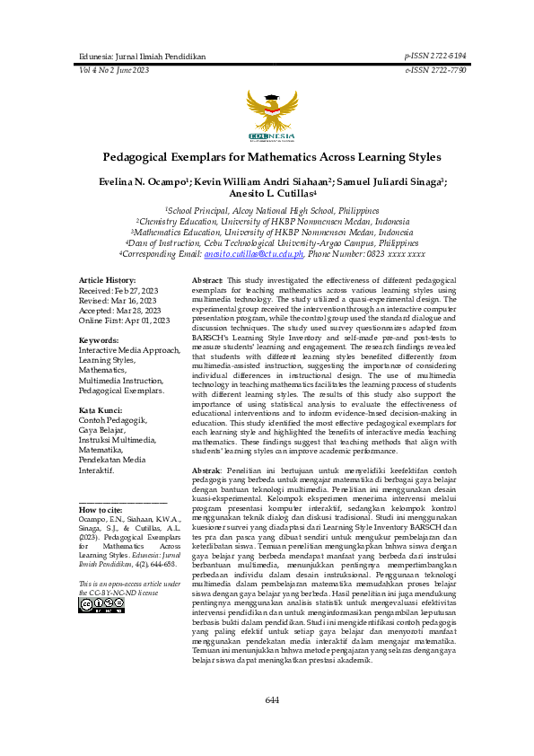 (PDF) Pedagogical Exemplars for Mathematics Across Learning Styles
