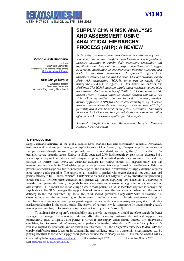 (PDF) Supply Chain Risk Analysis and Assessment Using Analytical Hierarchy Process (Ahp): A Review