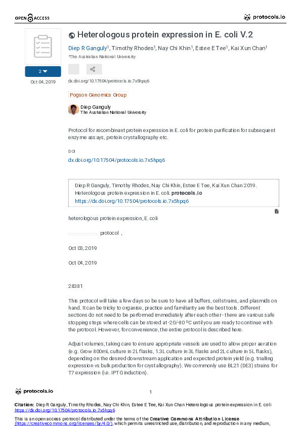 (PDF) Heterologous protein expression in E. coli v2 (protocols.io.7x5hpq6)