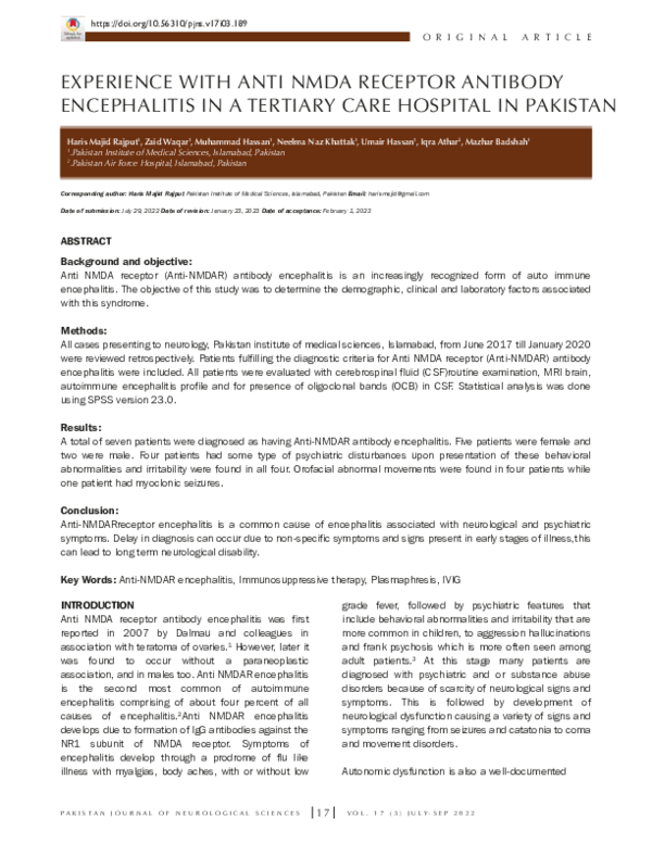 (PDF) Experience with anti NMDA receptor antibody encephalitis in a ...