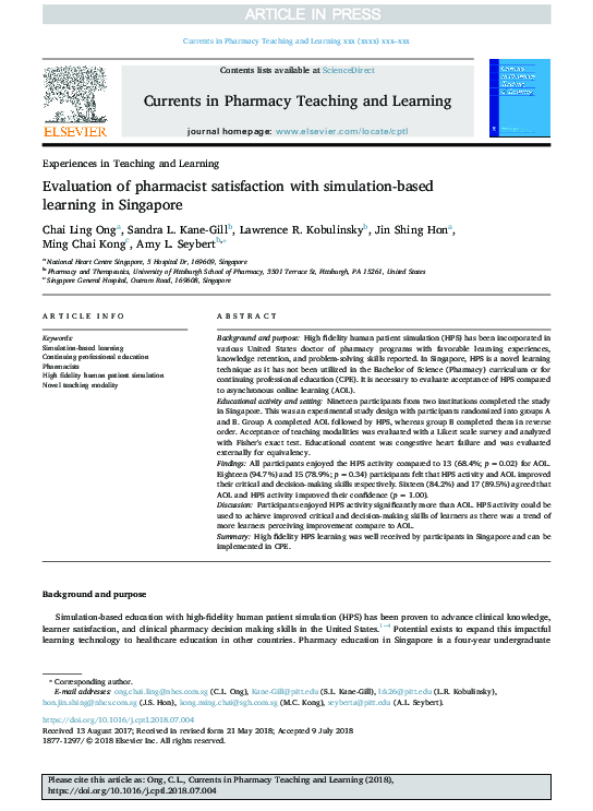(PDF) Evaluation of pharmacist satisfaction with simulation-based learning in Singapore