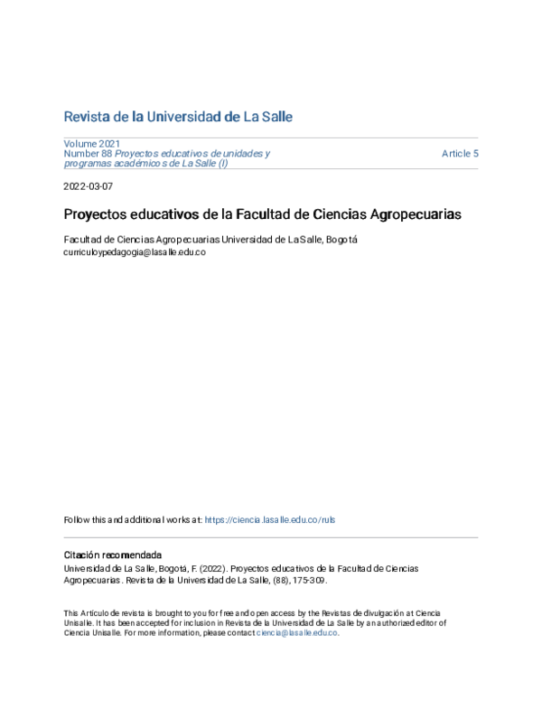 (PDF) Proyectos educativos de la Facultad de Ciencias Agropecuarias