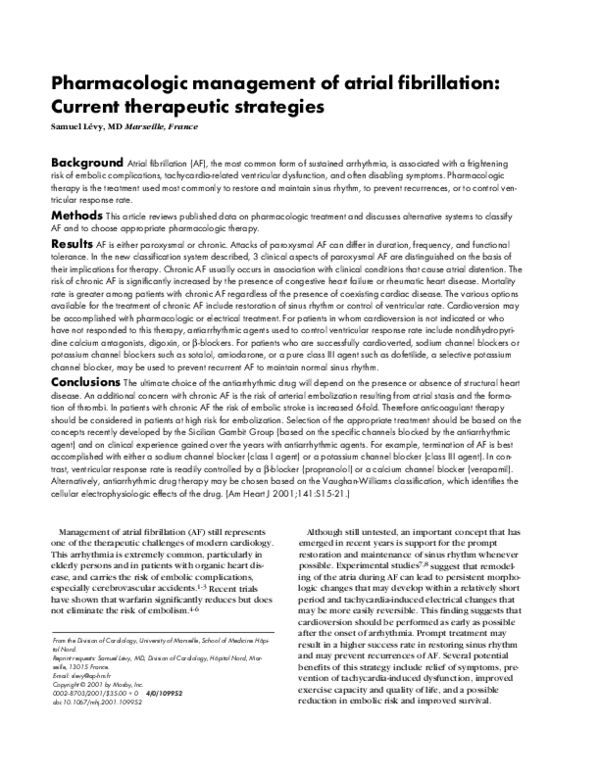 (PDF) Pharmacologic management of atrial fibrillation: Current ...